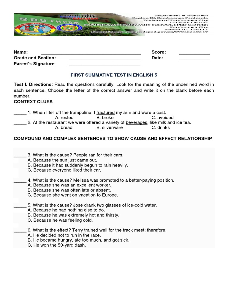 English 5-First Summative Test | PDF