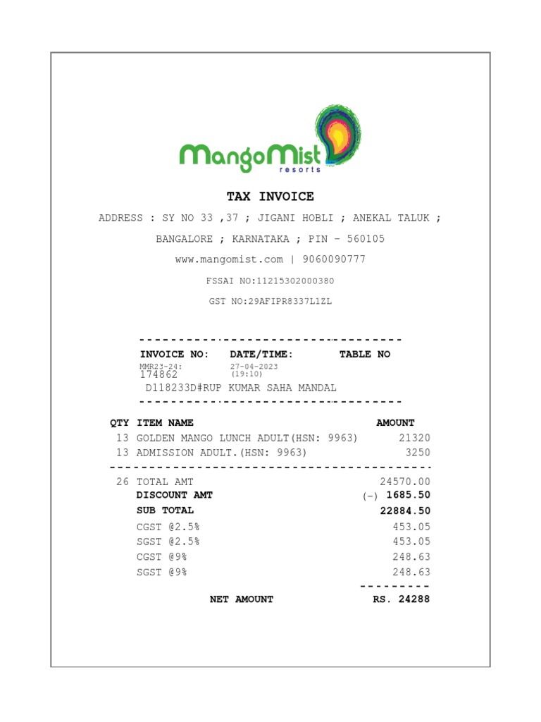 Mango Mist Resort Tax Invoice Summary | PDF