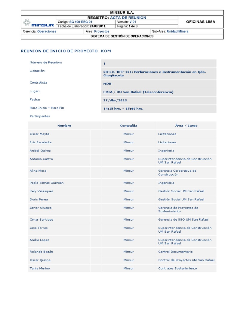 MR SR 000 s024 Min MDH 2023 0001 Acta Inicio de Contrato (Kom) SR 161 2022 | PDF