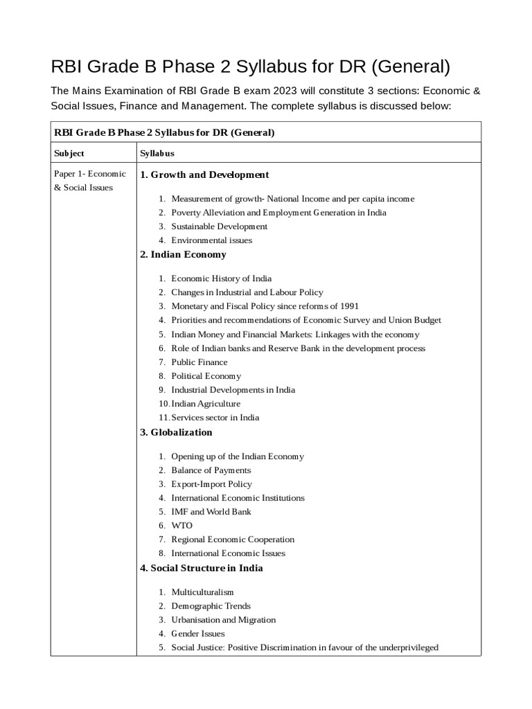 RBI Grade B Syllabus Phase 2 For Study | PDF | Communication | Reserve ...