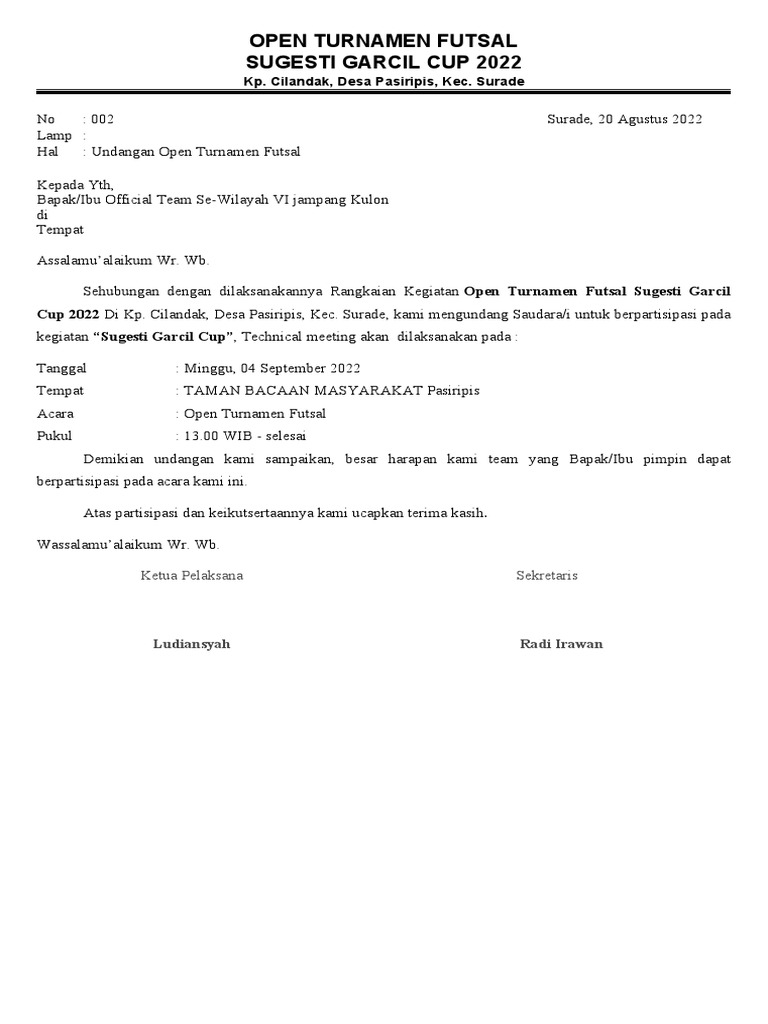 Undangan Turnamen Futsal Sugesti 2022 | PDF