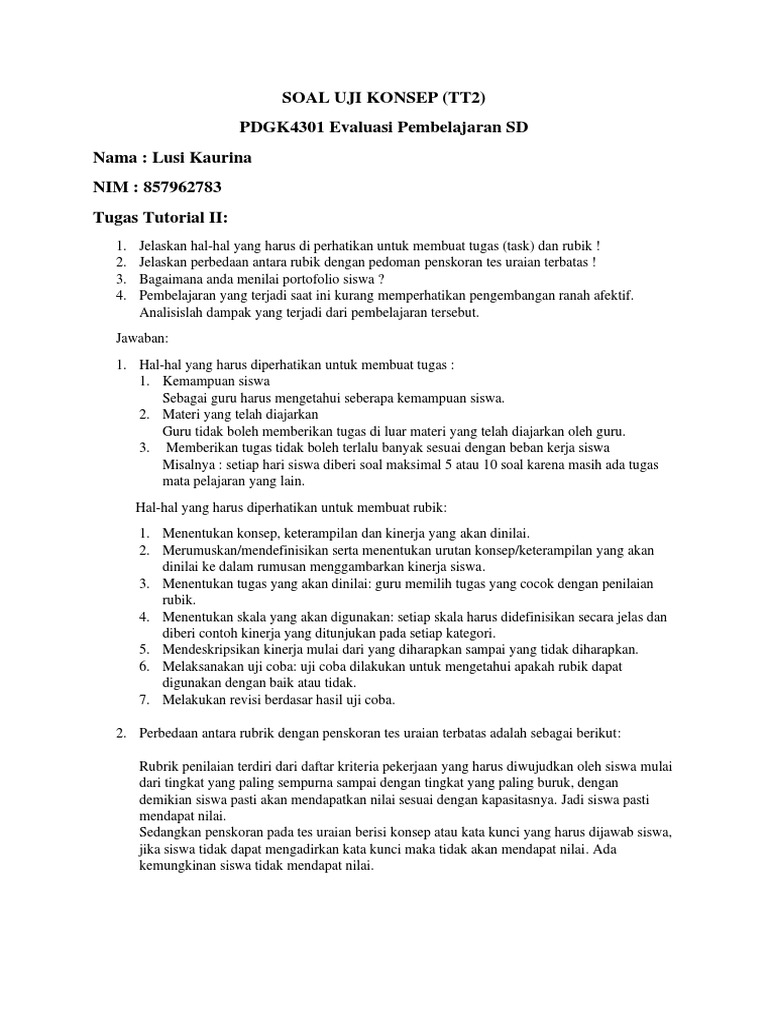 Lusi Kaurina TT 2 Evaluasi Pembelajaran Soal Uji Konsep | PDF