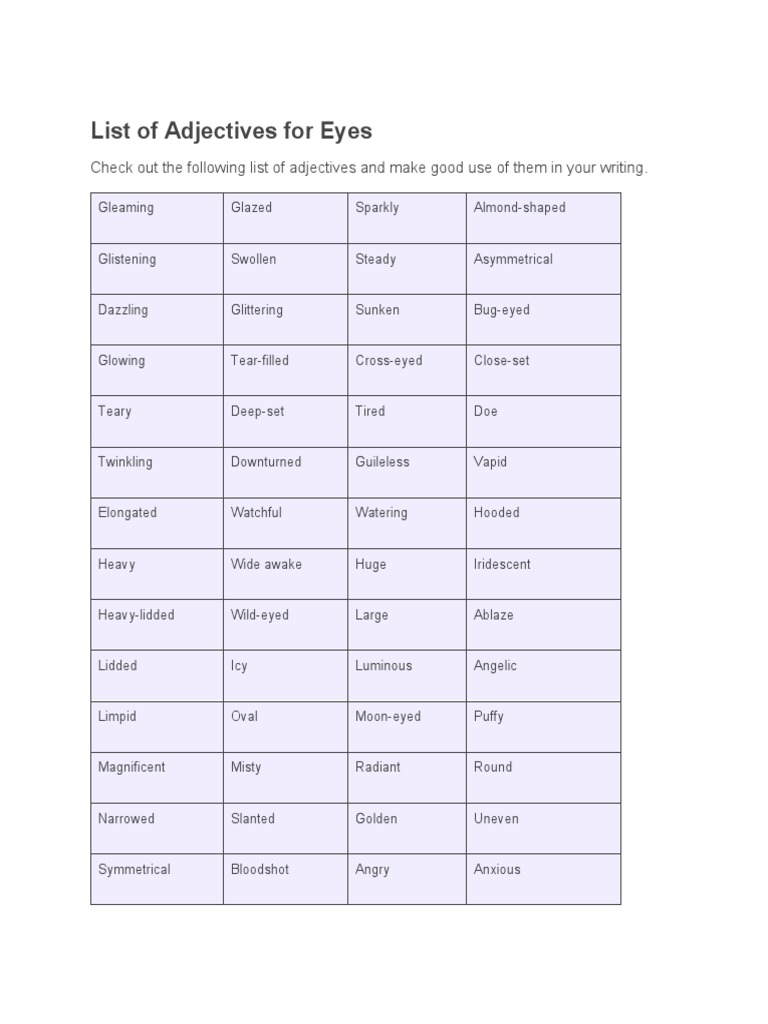 List of Adjectives for Eyes | PDF
