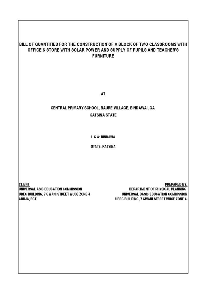 Construction Bill for Central Primary School | PDF | Concrete | Door