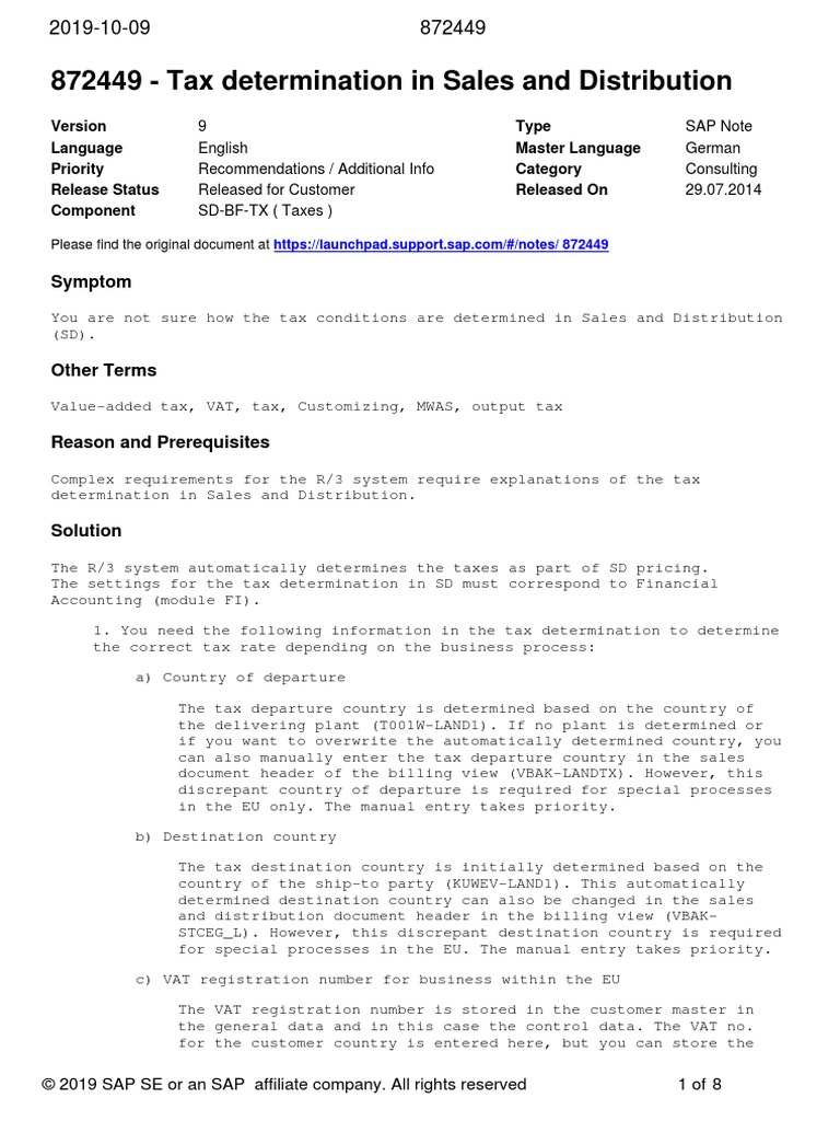 Tax Determination in Sales and Distribution: Symptom | PDF | Value ...