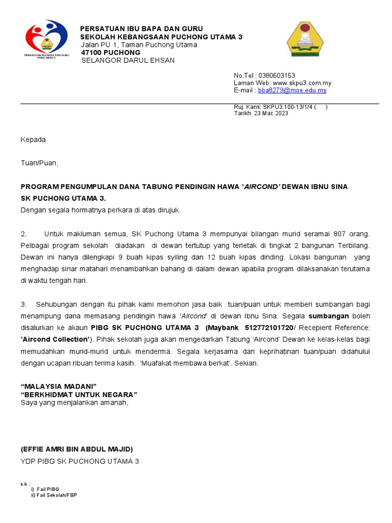 Surat Sumbangan Aircond | PDF