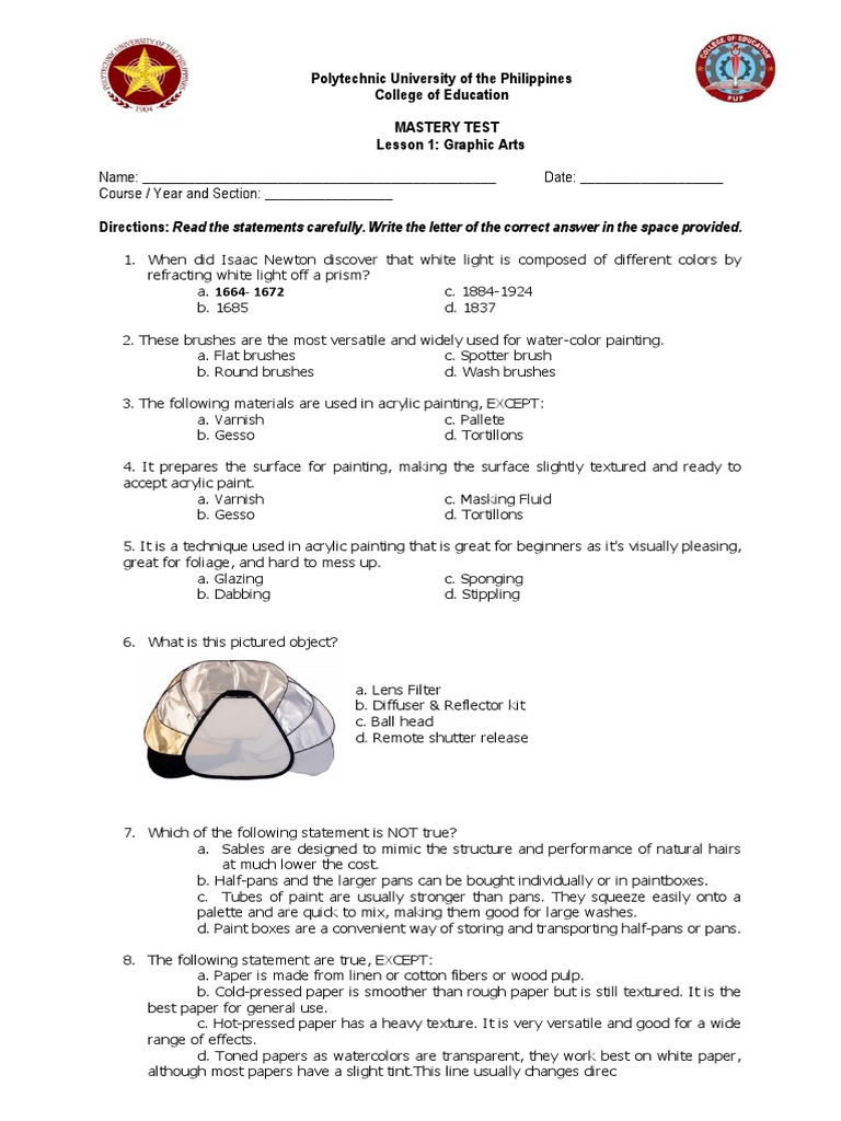 Mastery Test - Group 1 | PDF | Drawing | Camera