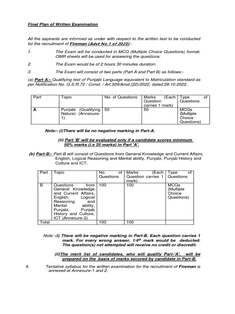 Final Syllabus Fireman (Advt. No. 1 of 2023) | PDF
