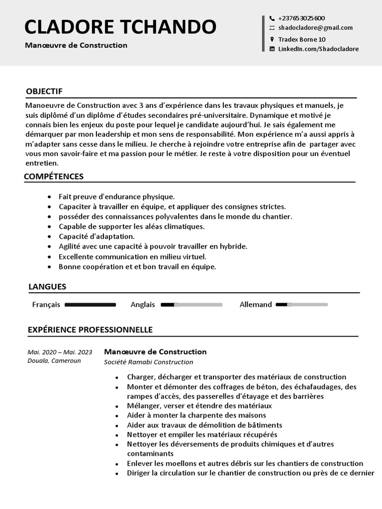 CV Manoeuvre de Construction | PDF