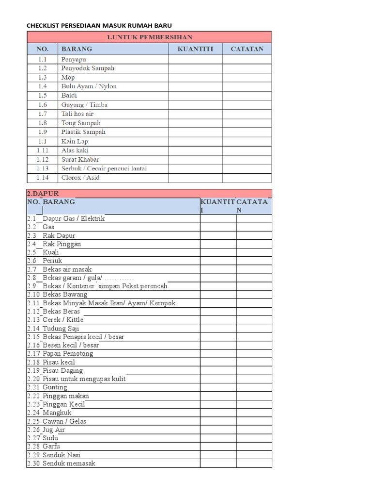 CHECKLIST PERSIAPAN MASUK RUMAH BAHARU | PDF
