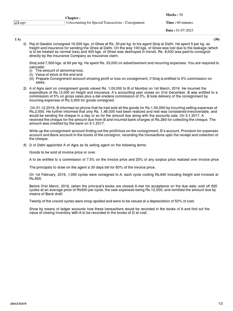 Consignment Question | Download Free PDF | Banks | Cost