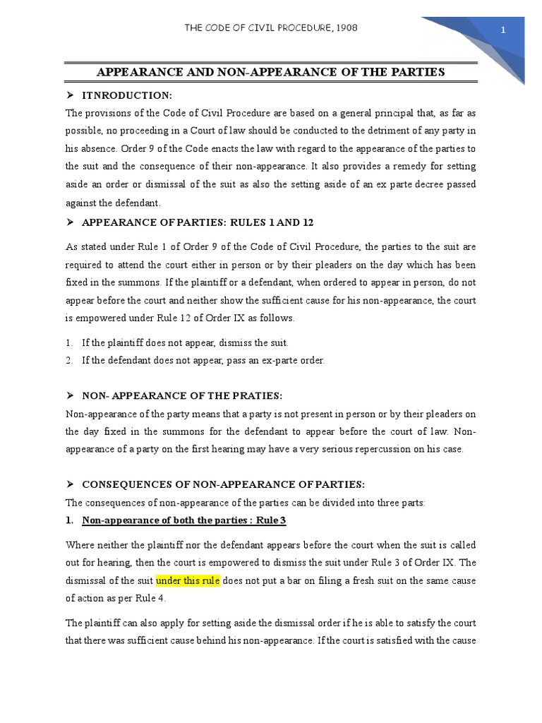 Appearance and Non Appearance of Parties & Ex-Partee Decree | PDF | Lawsuit | Ex Parte