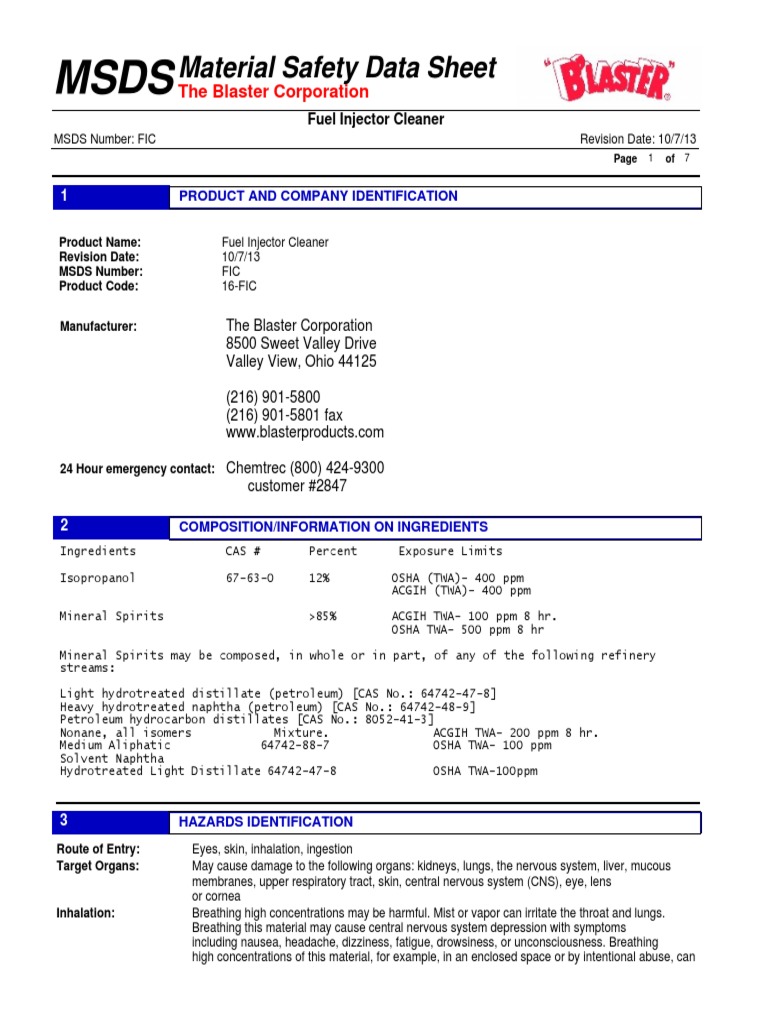 Blaster Fuel Injector MSDS | PDF | Chemistry