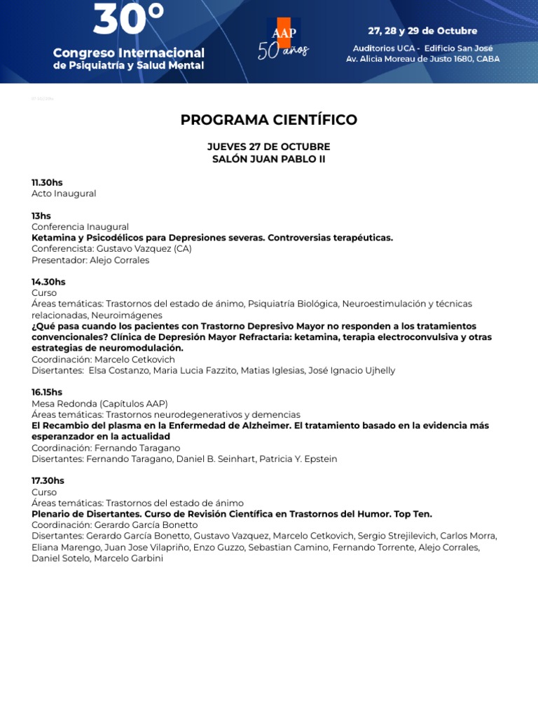 Programa Preliminar 30° Congreso AAP 0710 | PDF | Esquizofrenia ...