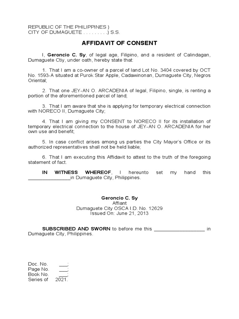 Affidavit of Consent for NORECO II | PDF