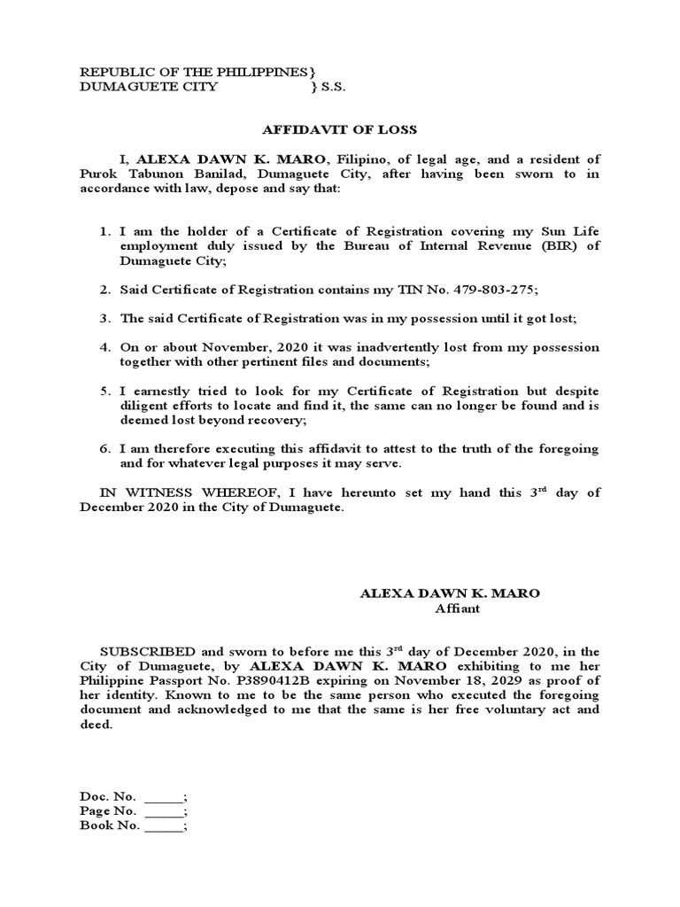Affidavit of Loss - COR MARO | PDF | Law