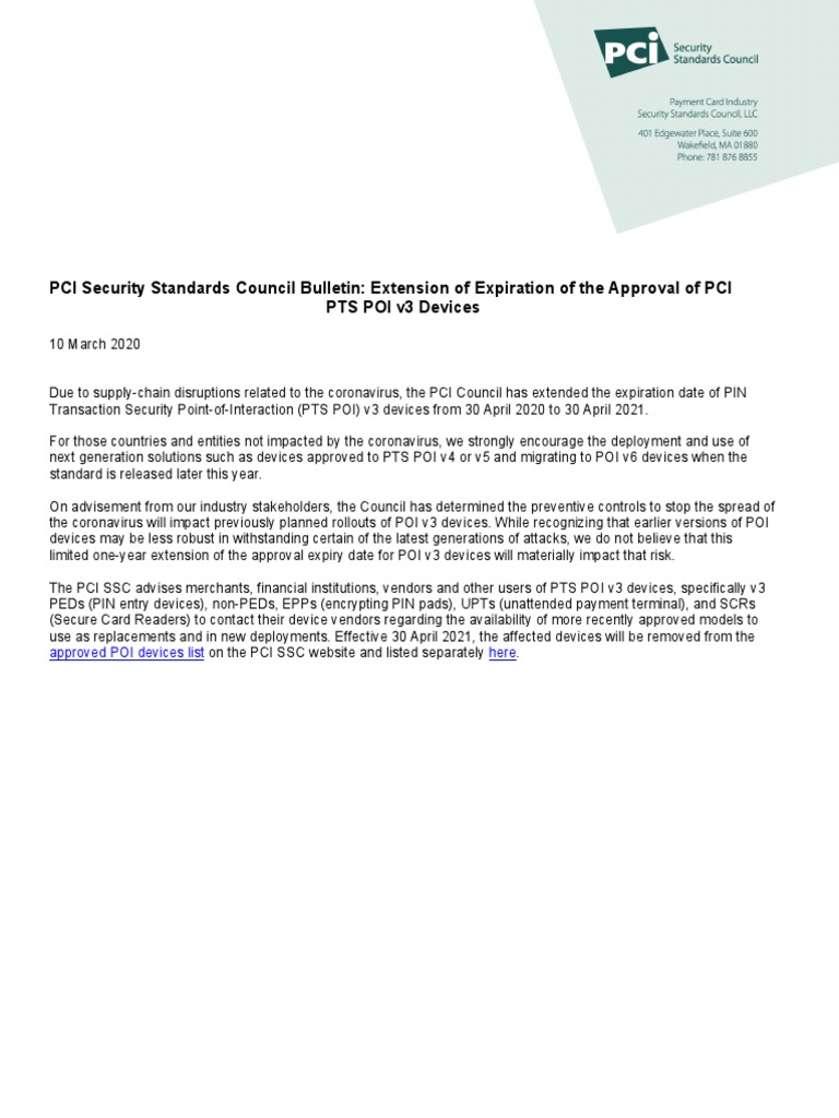 PCISSC_Bulletin_on_Extension_of_Expiry_for_PCI_PTS_POI_v3_Devices | PDF