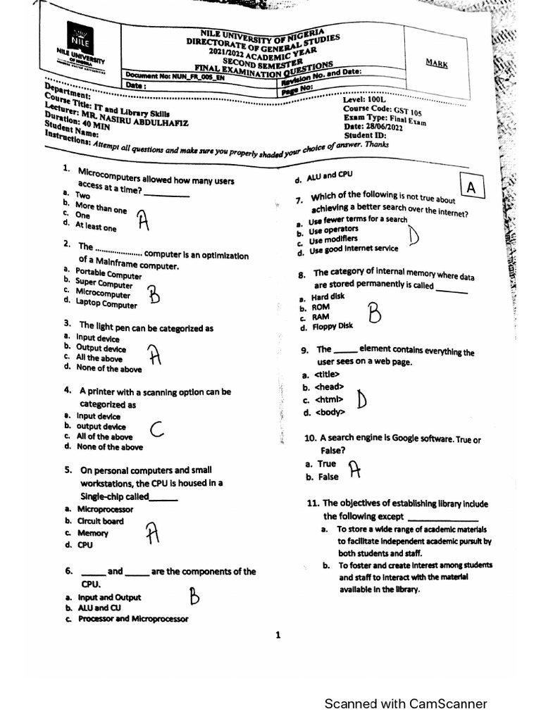 GST 105 (IT and Library Skills) Final Exam | PDF