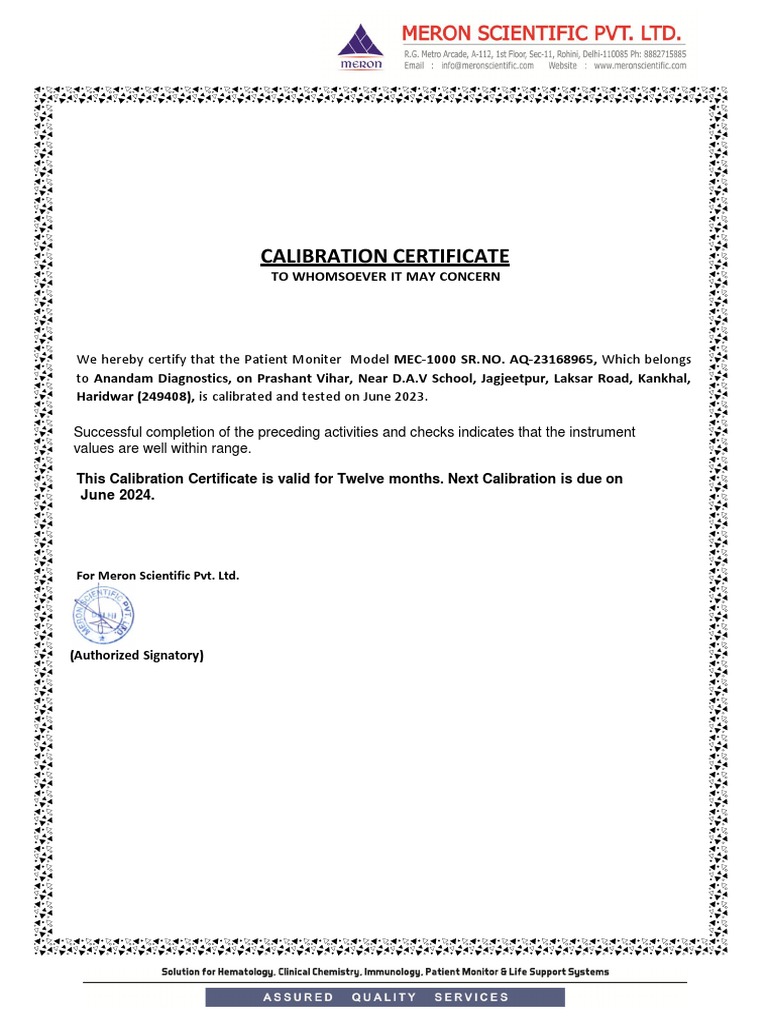 Anandam Calibration Certificate MEC-1000 Patient Moniter 2nd Instrument ...