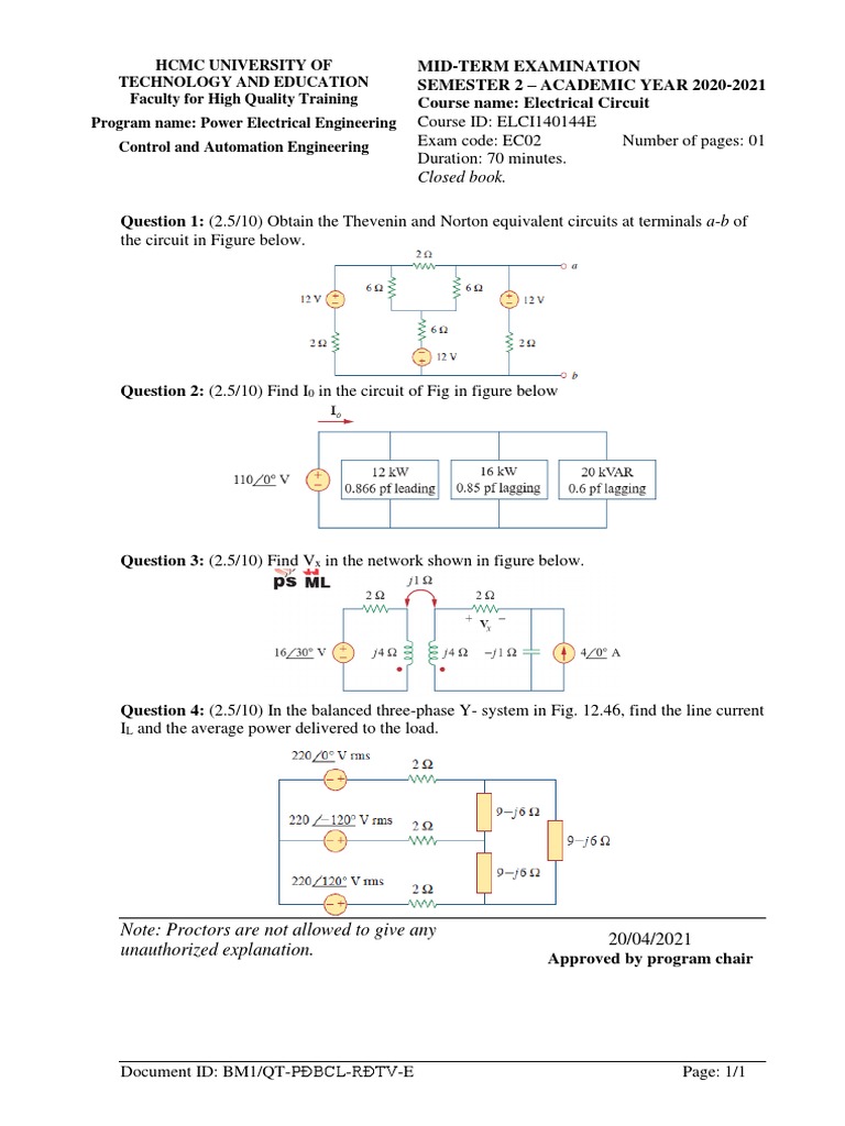 MID TERM Electical Circuit S2 2020 2021 - First - CODE02 | PDF