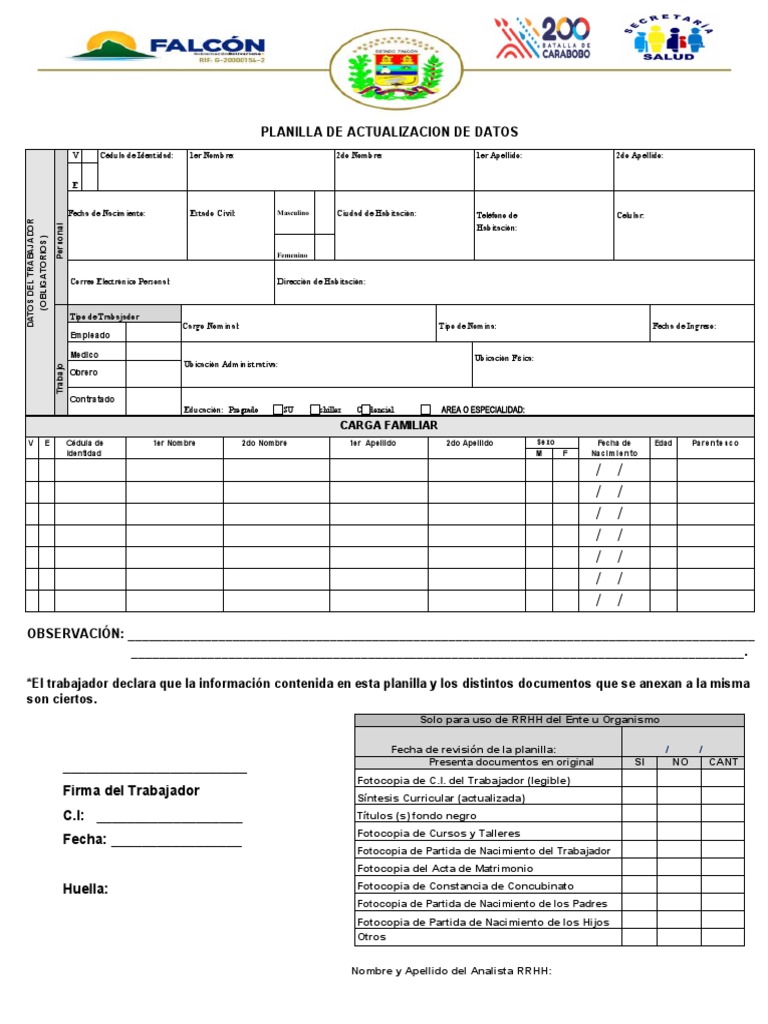 Planilla de Actualizacion de Datos Planta 2022 | Descargar gratis PDF | Gobierno y personalidad