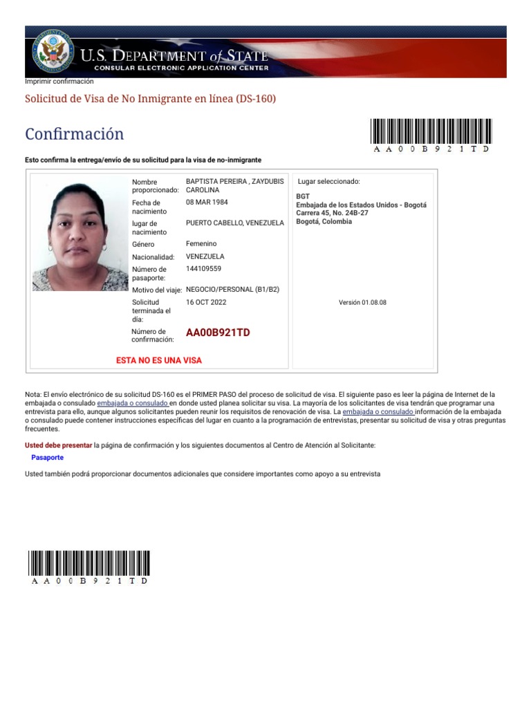 Confirmación de Solicitud de Visa DS-160 | PDF | Visa de viaje ...