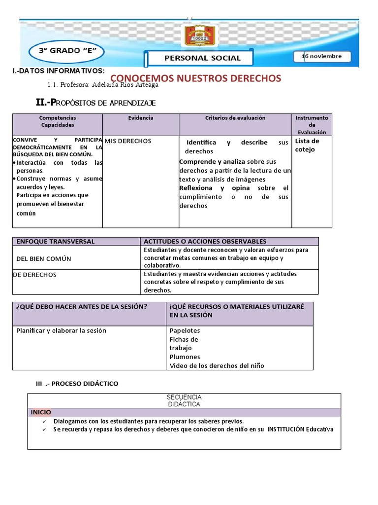 Sesion de Aprendizaje Conozco Mis Derechos | Descargar gratis PDF | Evaluación | Aprendizaje