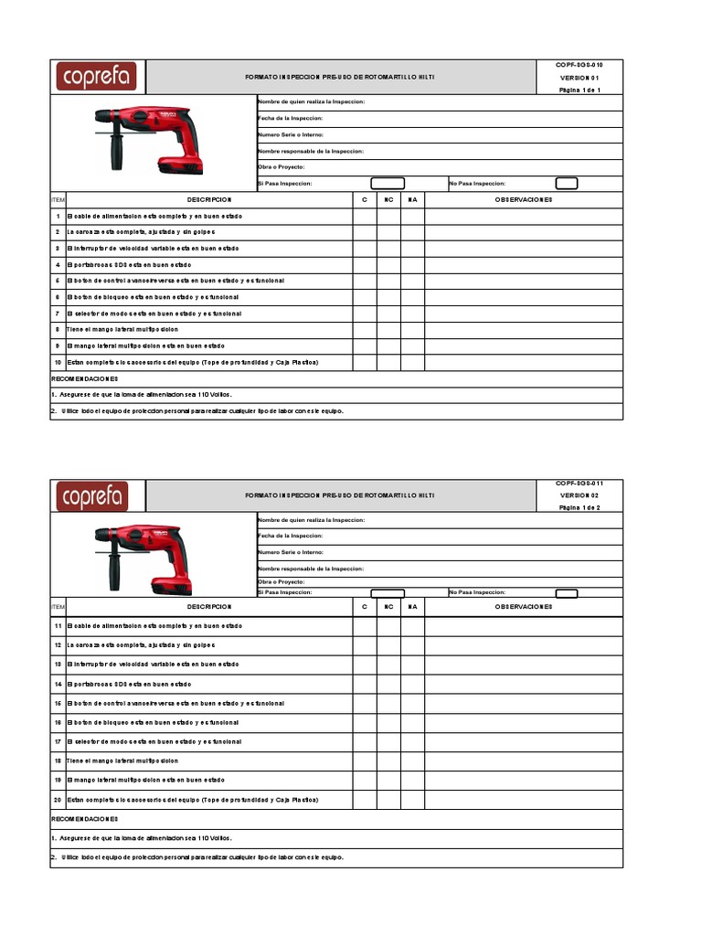 Inspección Pre-uso Rotomartillo Hilti | PDF | Bienes manufacturados