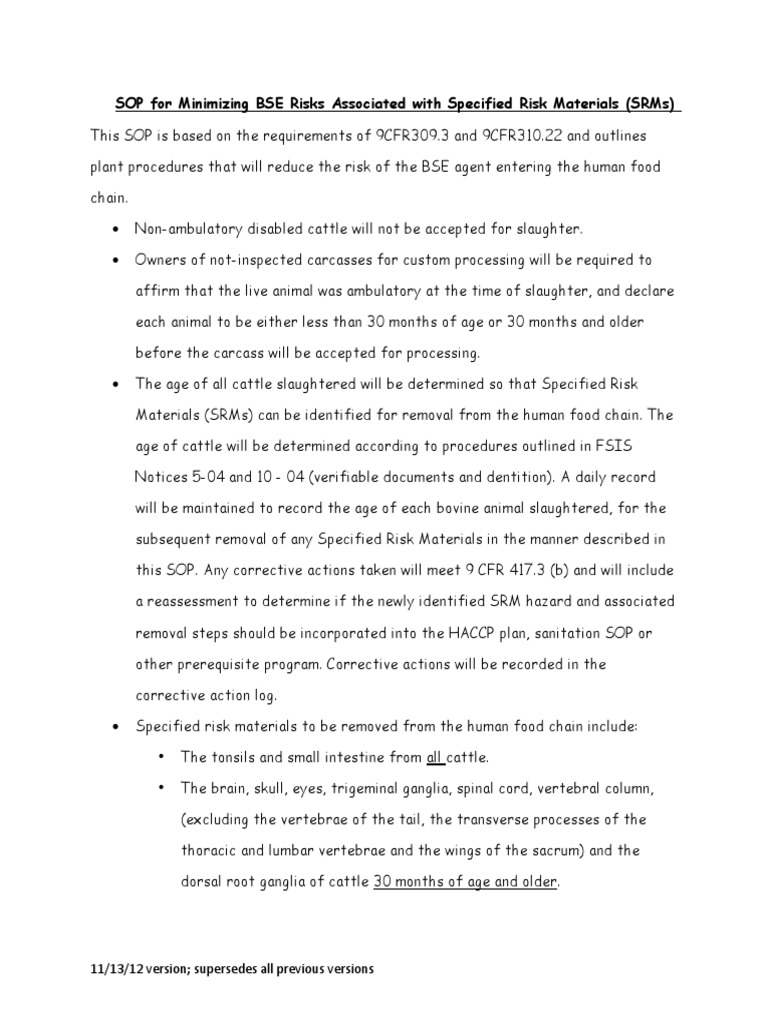 SOP For Minimizing BSE Risks Associated With Specified Risk Materials | PDF | Human Anatomy