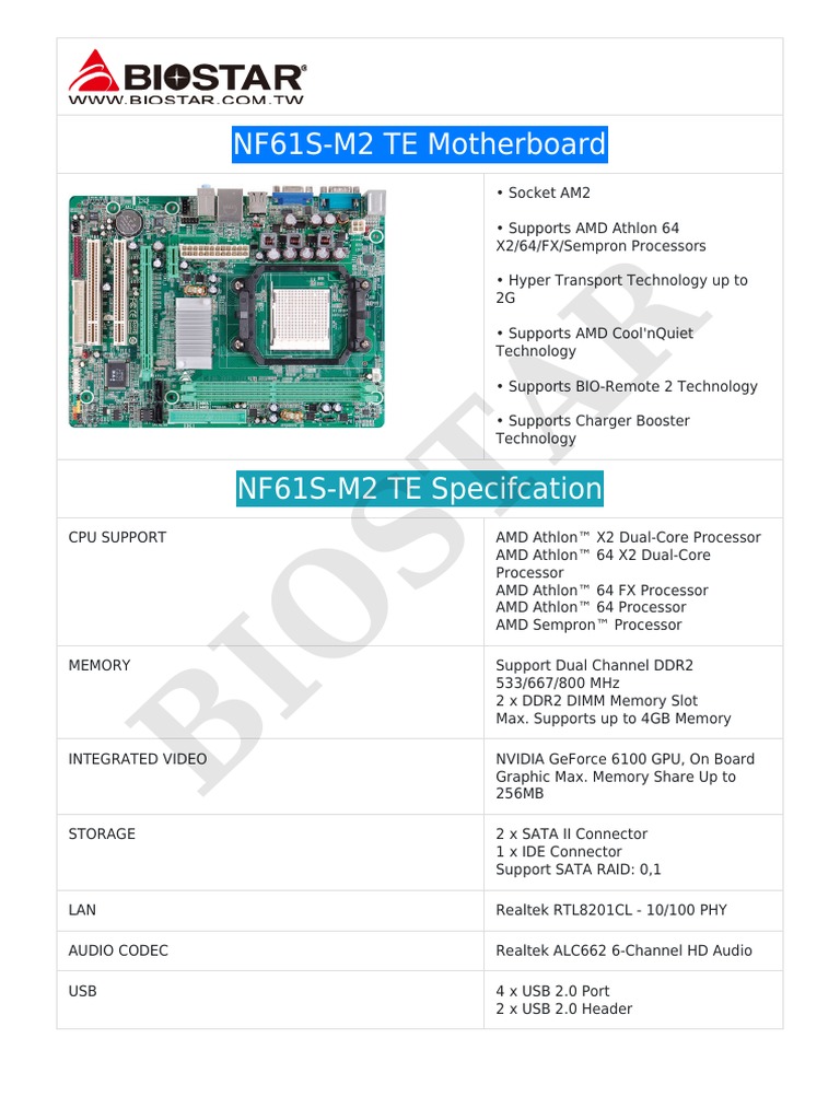 Biostar NF61S-M2 Te Spec | PDF | Computing | Computer Hardware