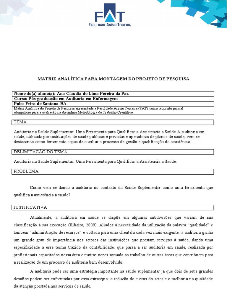 Modelo de Matriz - FAT | PDF | Qualidade (negócios) | Trabalho social