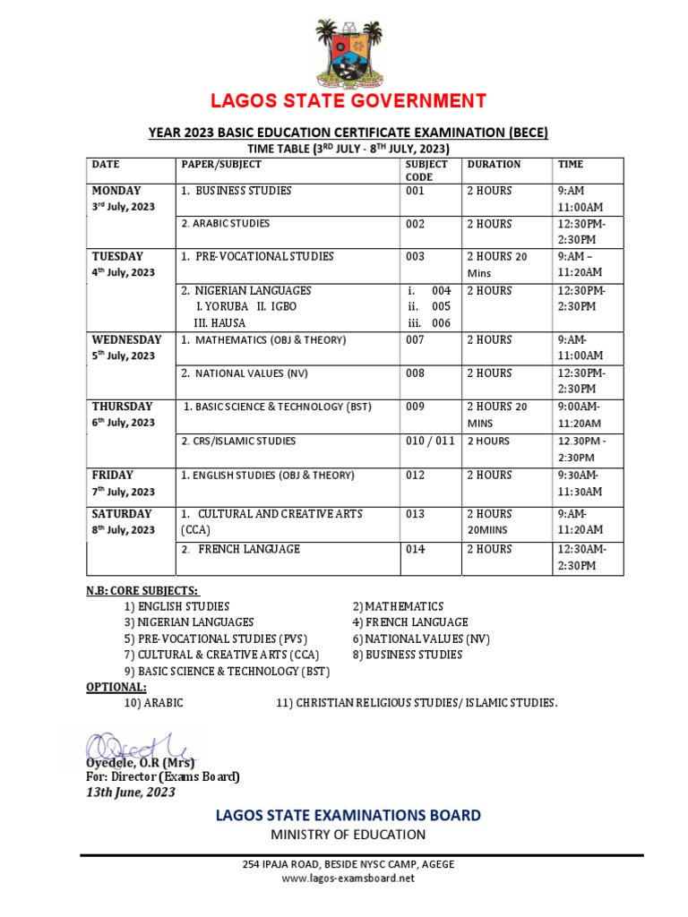 2023 Bece Time Table | PDF | West Africa | Nigeria