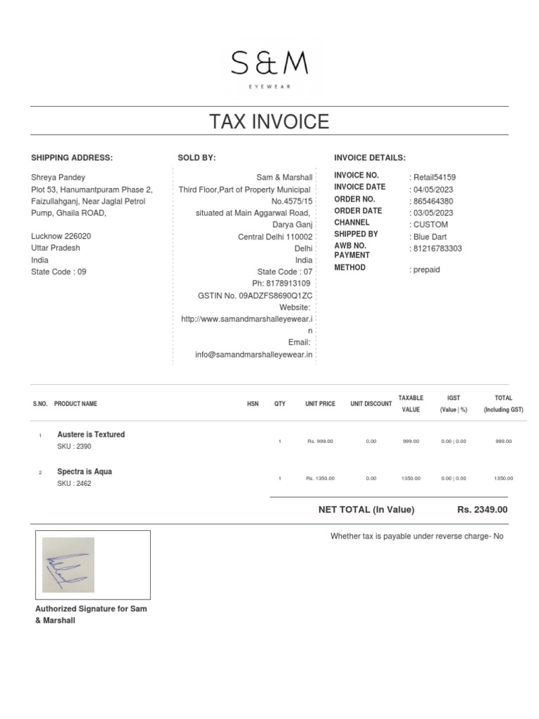 Tax Invoice: Shipping Address: Sold By: Invoice Details | PDF | Money ...