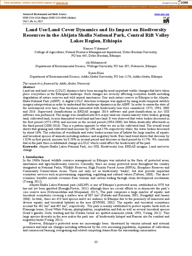 Land Use/Land Cover Dynamics and Its Impact On Biodiversity Resources in The Abijata Shalla ...