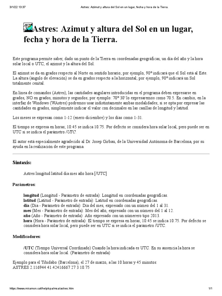 Astres - Azimut y Altura Del Sol en Un Lugar, Fecha y Hora de La Tierra ...