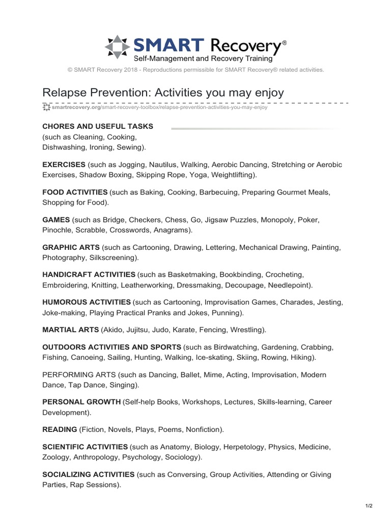 Smartrecovery.org-Relapse Prevention Activities You May Enjoy | PDF
