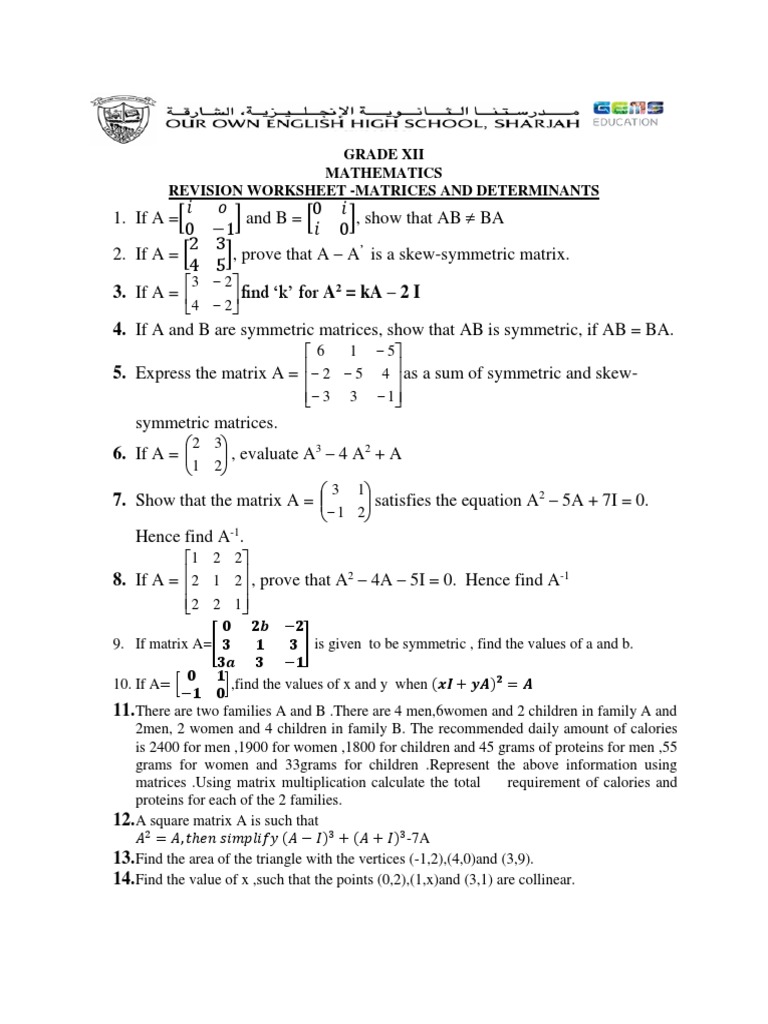 Revision Worksheet - Matrices and Determinants | PDF | Matrix ...