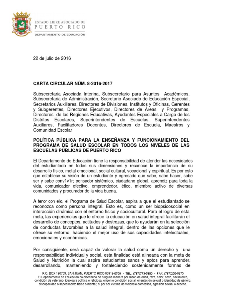 Carta Circular Núm. 8-2016-2017 | PDF | Plan de estudios | Educación de ...