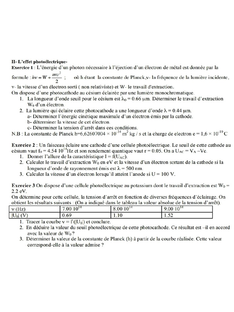 Effet Photoélectrique Exercices Corrigés | PDF