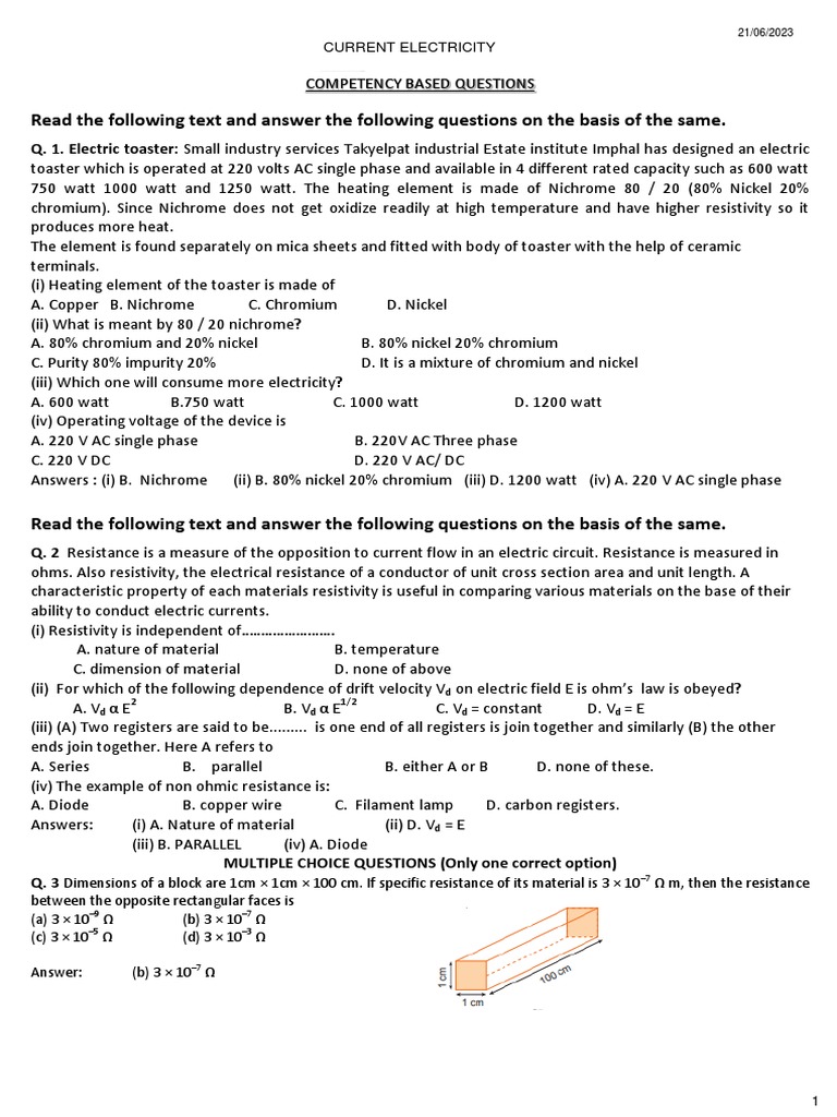 Worksheet (2) On Current Electricity | PDF | Electrical Resistance And ...