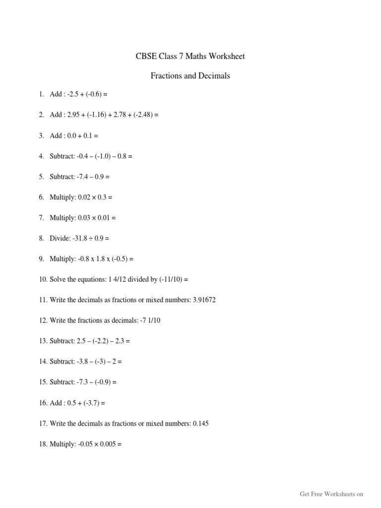 Fractions and Decimals CBSE Class 7 Worksheet | PDF