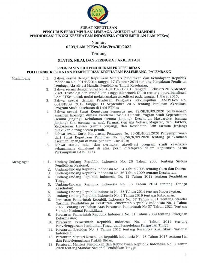 0209 LAM-PTKes Akr Pro III 2022 - SK Akreditasi Pendidikan Profesi Bidan 2022 | PDF