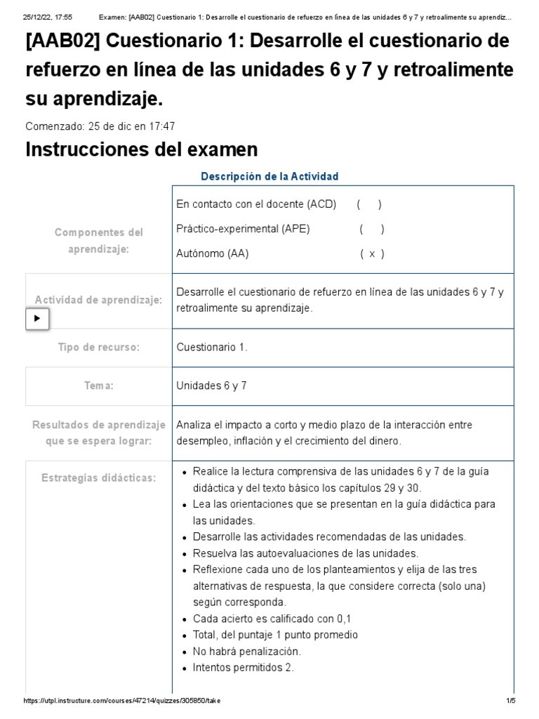 Examen - (AAB02) Cuestionario 1 - Desarrolle El Cuestionario de Refuerzo en Línea de Las ...