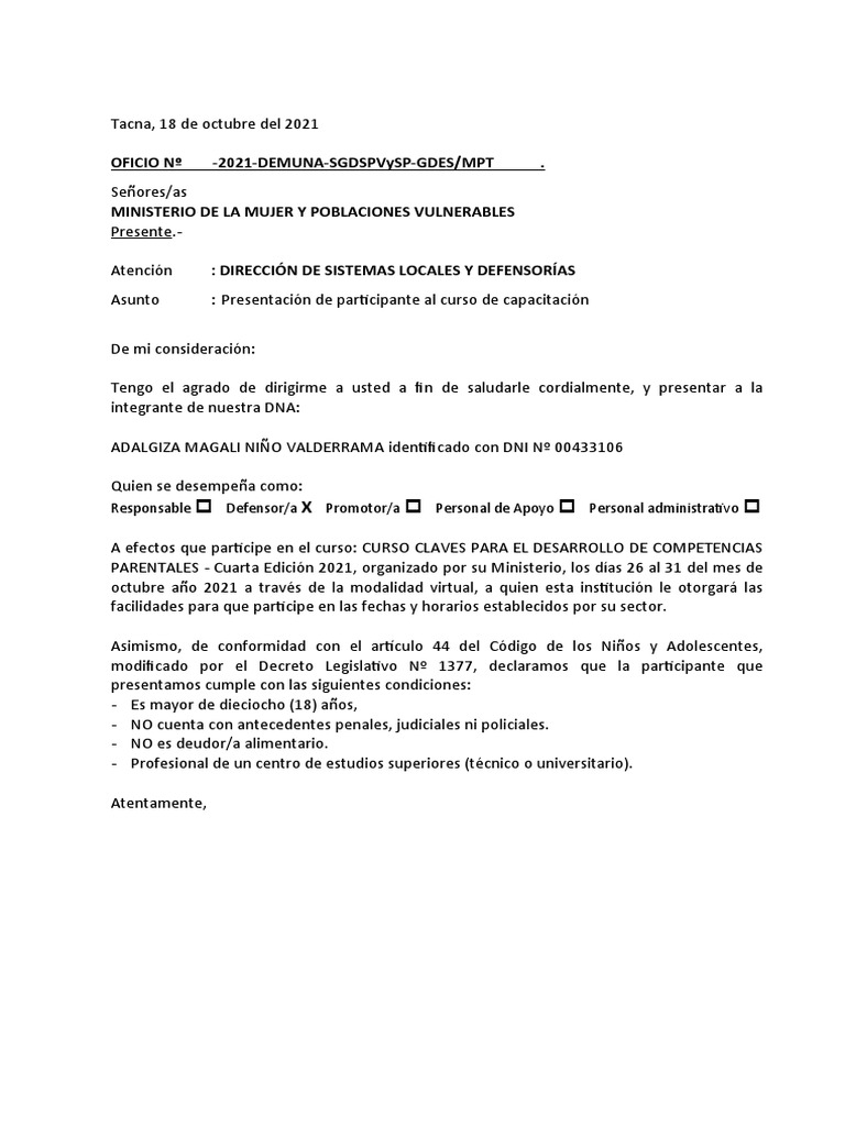 Oficio de Presentación ADA COMPETENCIAS PARENTALES | PDF