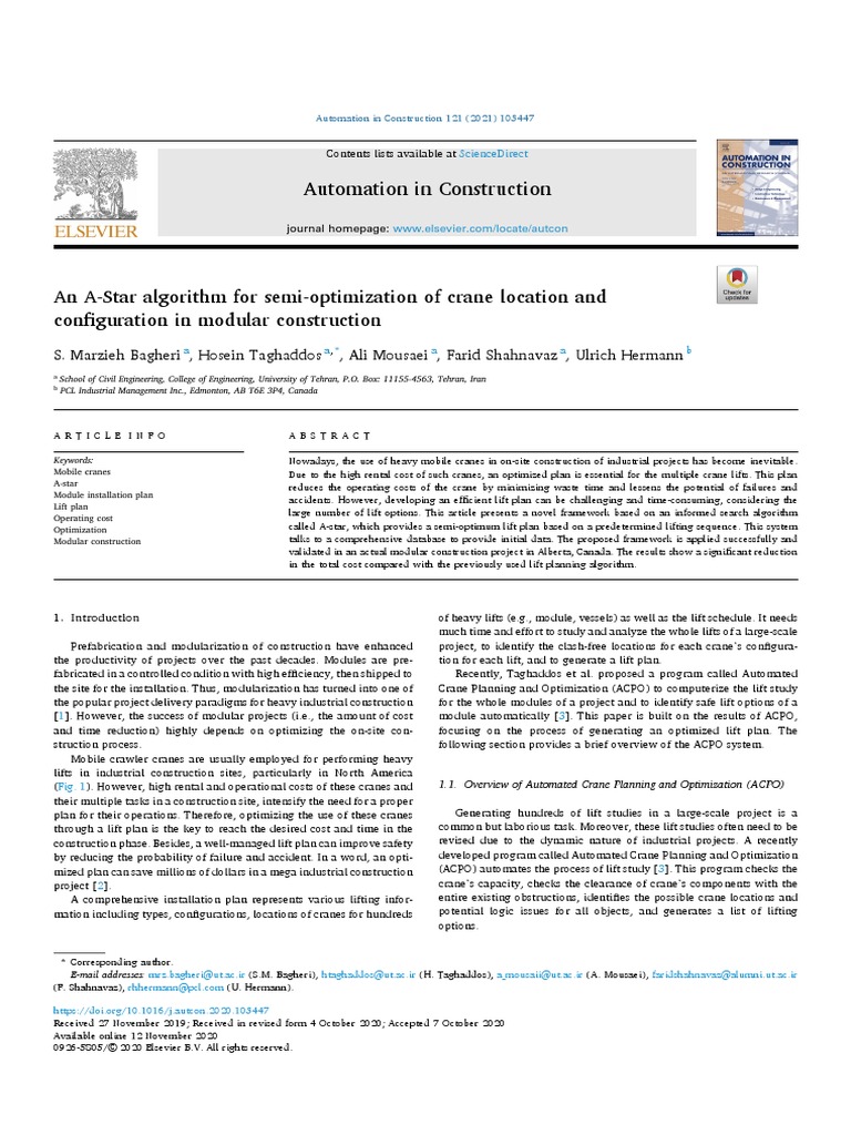 2021 - An A-Star Algorithm For Semi-Optimization of Crane Location and Configuration in Modular ...