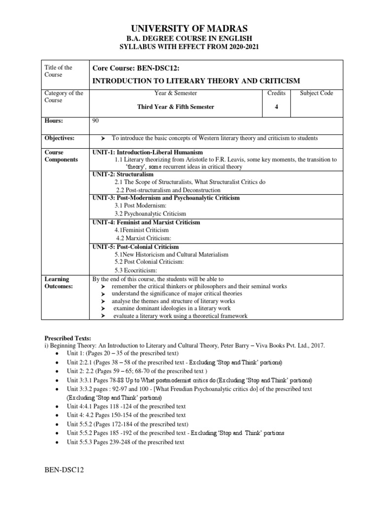 B.A.English Literature Syllabus 5th Semester | PDF | English Language ...