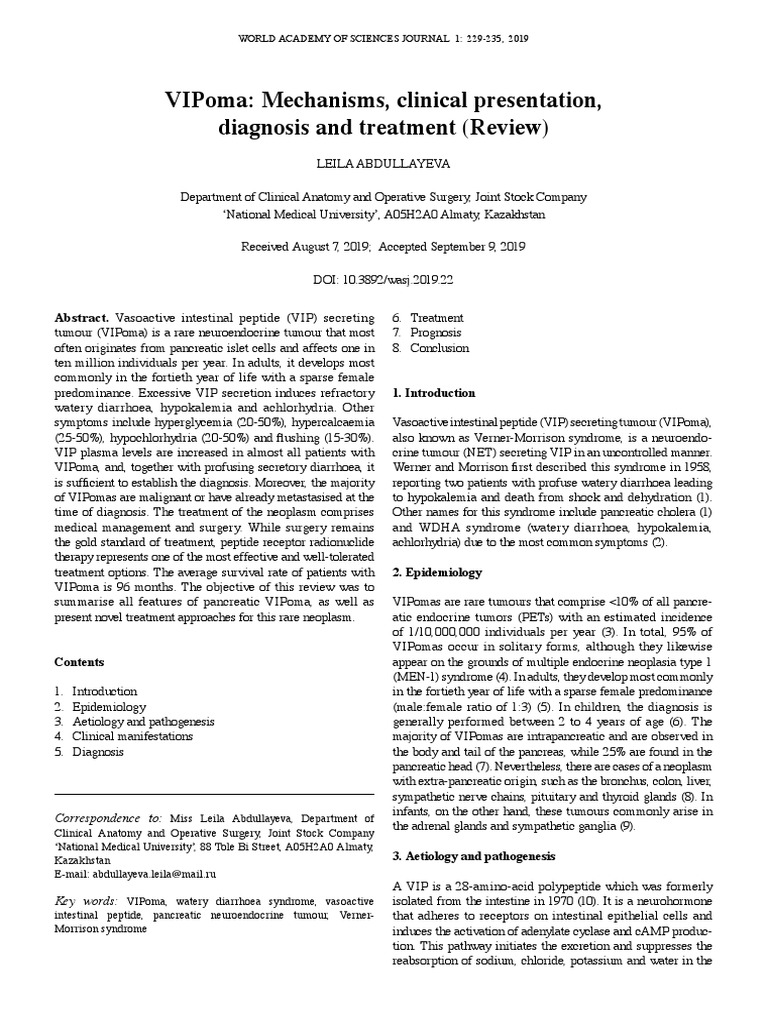 VIPoma - Mechanisms, Clinical Presentation, Diagnosis and Treatment ...