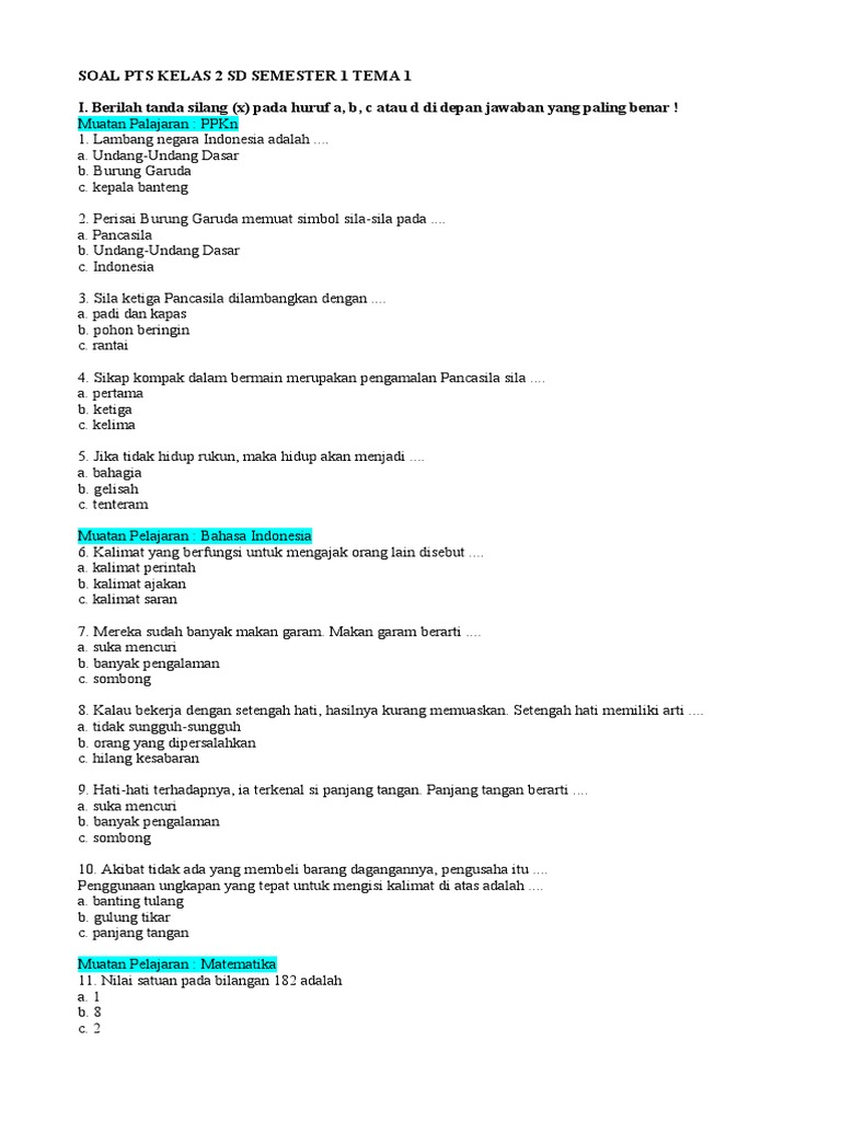 Soal PTS Kelas 2 SD Semester 1 Tema 1 | PDF