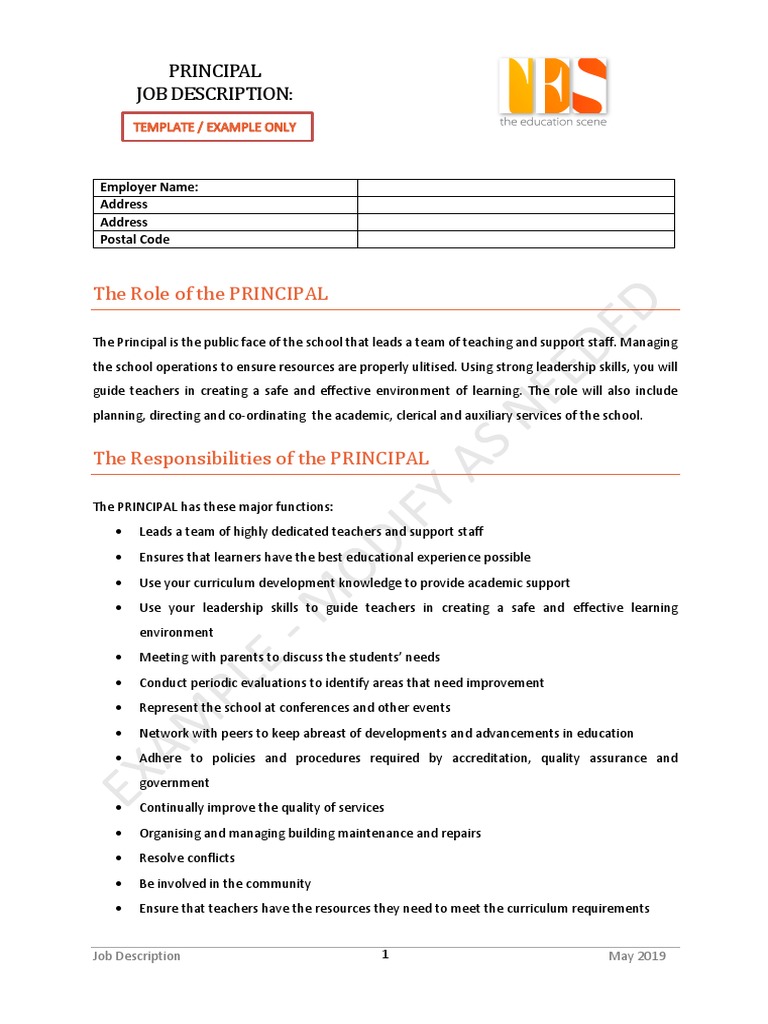Principal-Job-Description-EXAMPLE-2019 (1) | PDF | Teachers | Curriculum
