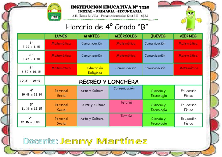 Horario Escolar Cuarto Grado B 2023 | PDF